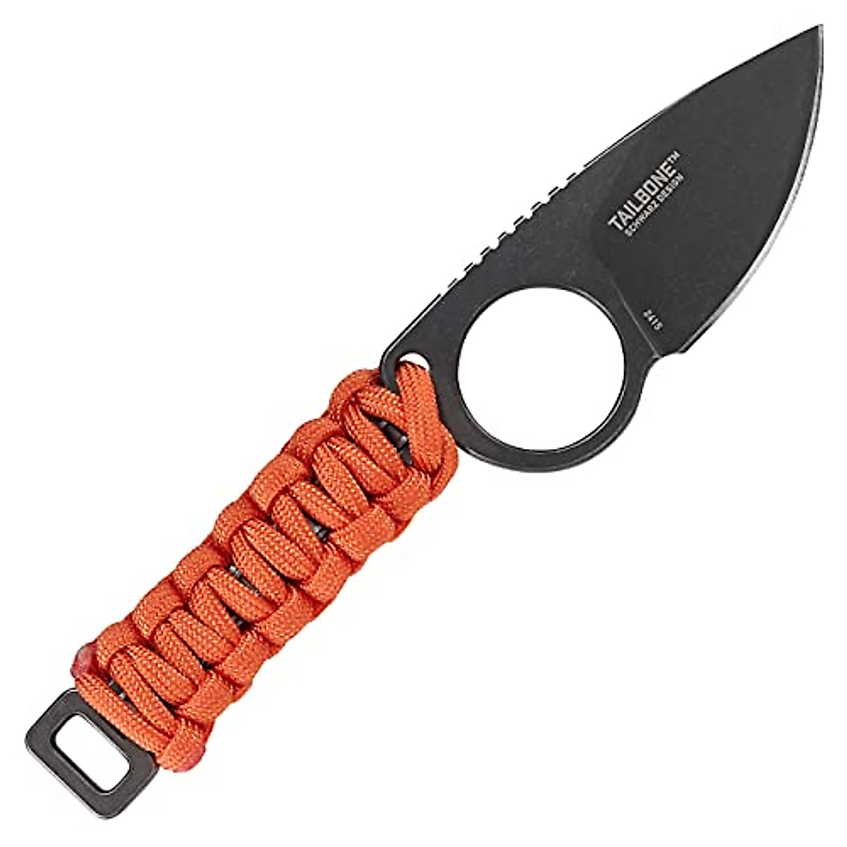 CRKT Tailbone EDC Knife: Everyday Carry Fixed Blade Drop Point Knife with Black Stonewash Finish, Orange Cord Wrapped Handle, Sheath 2415