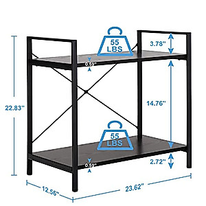 Nouva Small Bookshelf for Small Space 2 Tier Industrial Bookcase Wood and Metal Bookshelves Open Shelf for Bedroom, Living Room, Office, Kitchen, Dark Gray Oak
