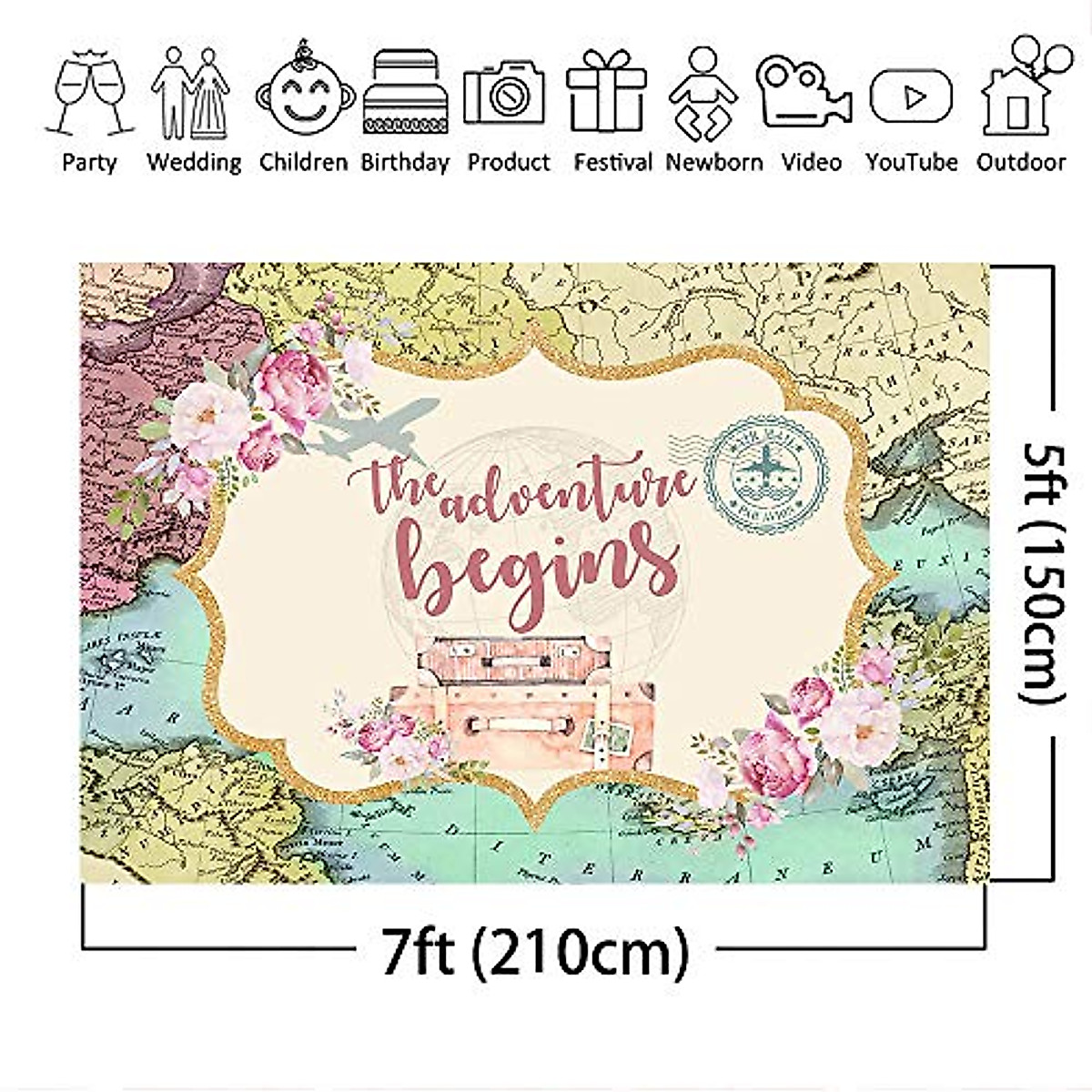 Mocsicka Adventure Awaits Backdrop Global Travel Adventure Begins Travel Baby Shower Party Decorations Vinyl Dessert Table Background Photobooth Prop (7x5ft)