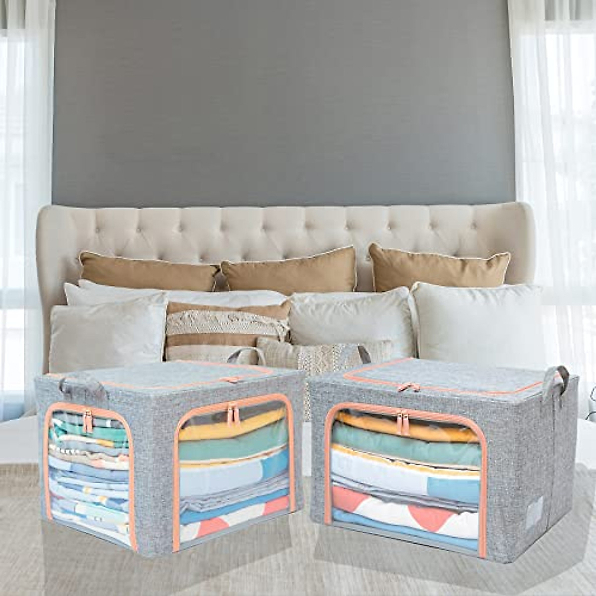 Tasmegol 4 Pack Stackable Steel Metal Frame Clothes Storage Bins Foldable Zipper Cloth Box Clothing Bags Large Clear Window Closet Containers Organizer for Bedding Sweater