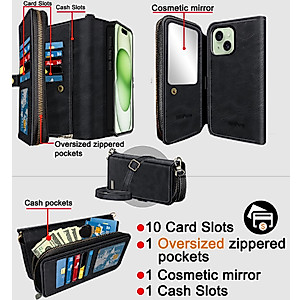 SiHPuoy Leather for Apple iPhone 15 Plus Wallet Case with Card Holder Kickstand, Phone Accessories for Woman Men Women, 2 Pack Screen Protector 2 Pack Camera Lens Cover, Black