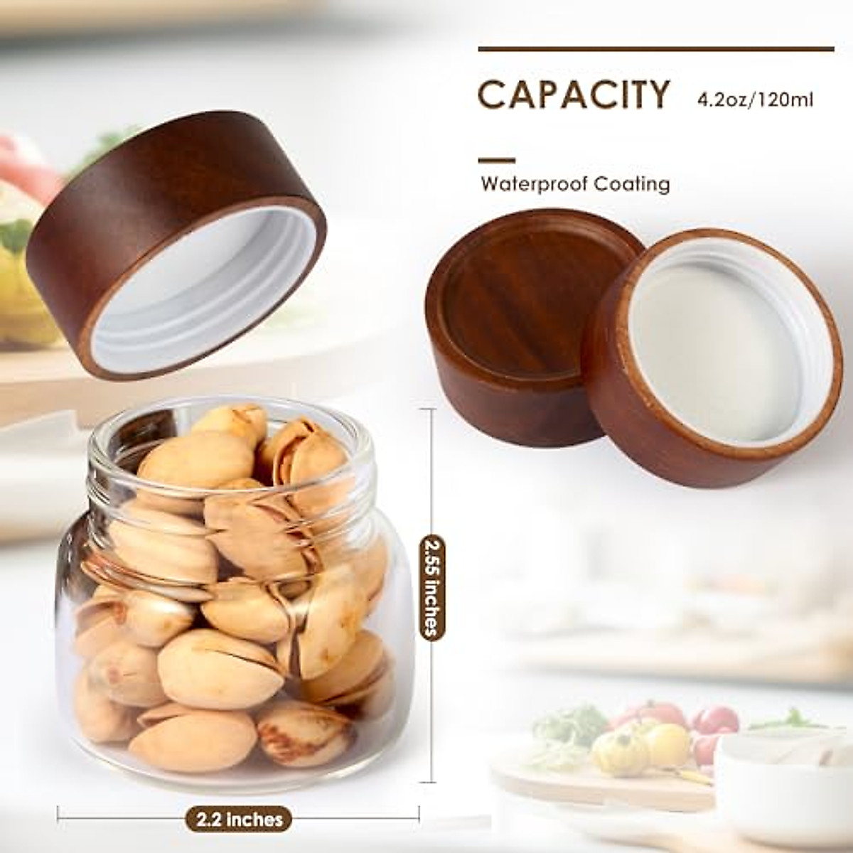 DOPHCOZFFY Salad Dressing Container To Go, 4.2 oz Glass Small Condiment with Lids, Dipping Sauce Cups Set, Leakproof Reusable for Lunch Box Work Trip (Bamboo and wood glass jar 4PCS)