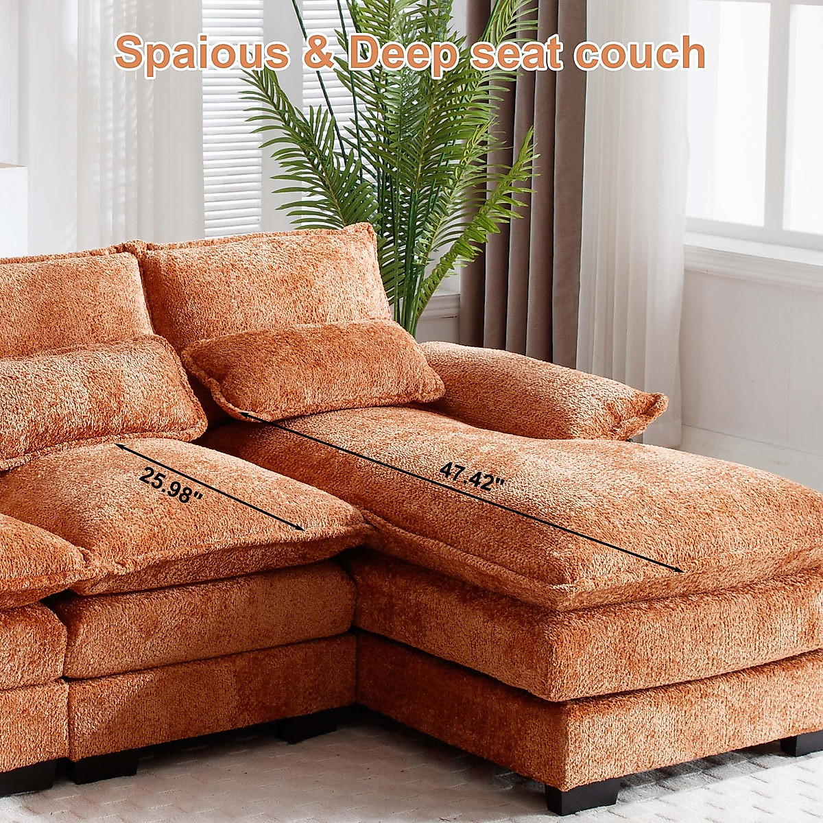 GNIXUU 110" Sectional Sofa Cloud Couch for Living Room, Modern Chenille U Shaped Couch, Comfy Modular Sofa Sleeper with Double Chaise & Memory Foam(Orange)