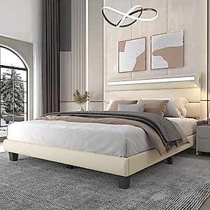 Kallabe King Size Bed Frame with LED Lights, Upholstered Bed Frame with Charging Station and Linen Fabric Tufted Headboard, Wood Slats Support, Noise-Free, Easy Assembly, No Box Spring Needed, Beige