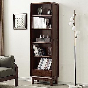 KWOKING Modern Closed Back Bookshelf Standard Solid Wood Bookcase with Drawers Black Walnut Bookcase Study Shelf Office Layered Storage Cabinet Floor-to-Ceiling Bookcase Brown 24" L x 12" W x 75" H