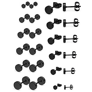 Ftovosyo 12 Pairs Black Stud Earrings for Men Stainless Steel Round Disc Faux Gauges Ear Studs for Women 3mm-8mm