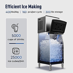 ICEVIVAL Commercial Ice Maker Machine, 400lbs/Daily, 300lbs Storage, SECOP Compressor&ETL, Ice-Ready in 8 to15 mins, Stainless Steel, Commercial Ice Machine for Bar/Cafe/Restaurant/Business