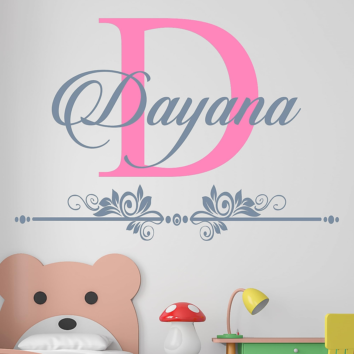 Custom Name and Initial Wall Decal Nursery - Baby Girl Decoration - Mural Wall Decal Sticker for Home Interior Decoration Car Laptop (M283) (Wide 30" x 17" Height)