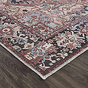 Neyland Machine Washable Living Room Area Rug - Oriental Traditional Persian Medallion Carpet - Vintage Bohemian Look - Dark Red, Burgundy, Blue - 9' x 12'