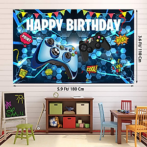 KimaruLZ Video Game Birthday Party Decorations - 109Pcs Gamer Gaming Party Supplies For Boys Birthday Party - Happy Birthday Backdrop, Table Cover, Hanging Swirls, Cupcake Cake Topper, Balloons