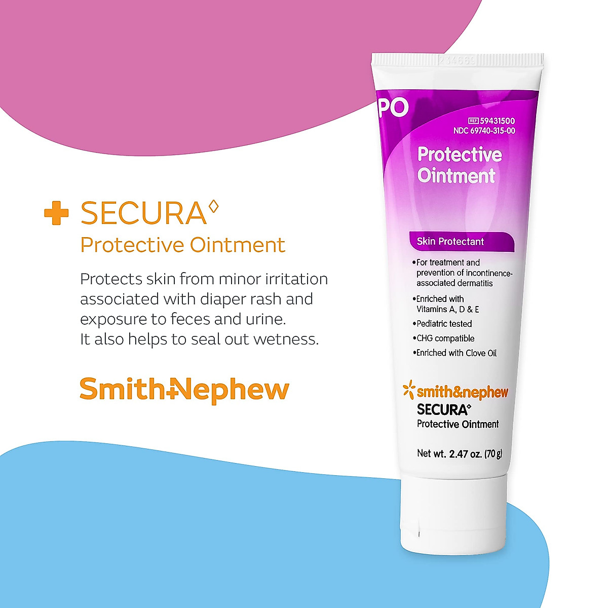 Smith+Nephew SECURA◊ Protective Ointment, Diaper Rash Ointment Tube, Dermatitis Moisturizer, Contains Vitamin A, D, and E, 2.47 Ounces