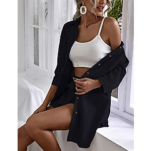 Zeagoo Womens Coordinated Outfit Summer Longe Two Pieces Tracksuit Button-Down Shirt and High Waisted Shorts Set, 04_black, Medium