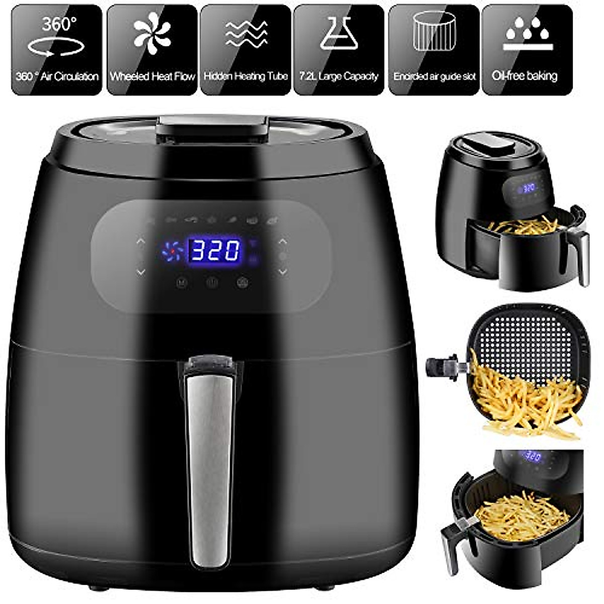 SUPER DEAL 7.6 QT Air Fryer Oven Cooker with 7 Cooking Presets Auto Shut off & Timer Dishwasher Safe Parts Recipes & CookBook, 1700W, Black