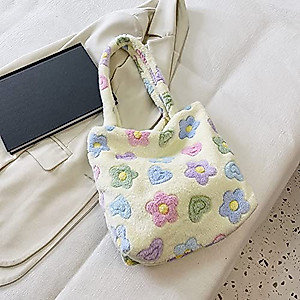 JQWSVE Plush Shoulder Bag Y2K Fluffy Underarm Bag Women Fluffy Tote Bag Flower Plush Bag Autumn Winter Fuzzy Faux Fur Handbag