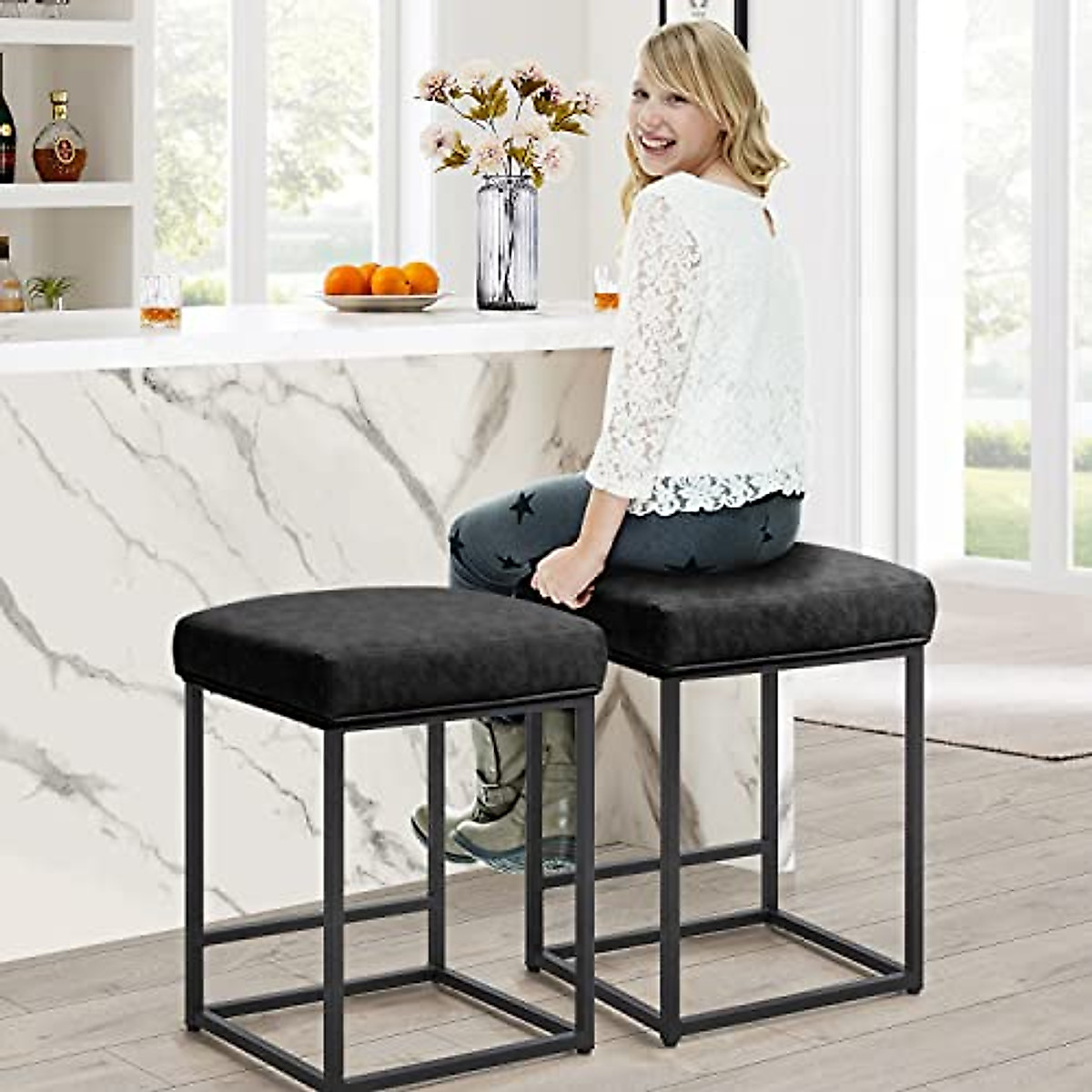 Homall Bar Stools, Counter Height 24" Barstools Set of 2 for Kitchen Island, Bar Chairs PU Leather Backless Modern Square Stool with Thick Cushion and Metal Steel Frame (Black)