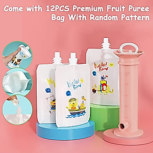 Fruit Puree Filler, Portable Food Pouch Filler Fruit Squeeze Puree Filler Vegetable Puree Maker Fruit Juice Food Maker with 12pcs Reusable Food Pouches for Kids Indoor and Outdoor Usage (Blue)
