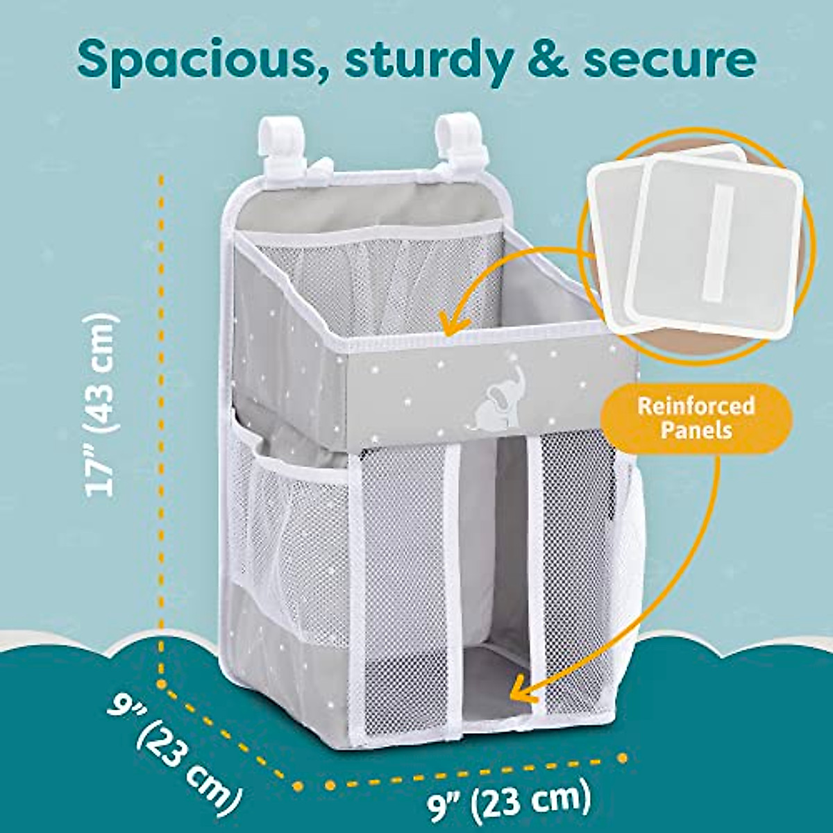 Cradle Star Hanging Diaper Caddy Organizer - Diaper Organizer Caddy with Multiple Pockets - Baby Organizer for Nursery Accessories - Changing Table Organizer and Diaper Storage - 17x9x9 in - Gray