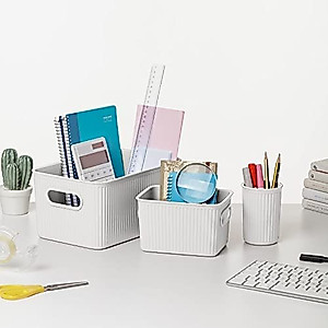 Superio Ribbed Plastic Storage Basket Organizer, Mist Blue and Grey, 15 Liter- Stackable Classic Closet Storage Bin for Shelf, Desk, Pantry- Store Toys, Clothes, Cosmetics,