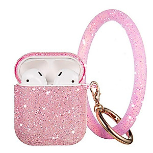 Bling Airpods Case, Cute Glitte Diamond Airpod Case Cover for Girls Women, Rhinestone Airpods Protective Case with Keychain Silicone Bangle Bracelet, Scratch Proof and Drop Proof (Pink)