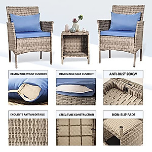 Patio Porch Furniture Sets 3 Pieces Rattan Wicker Chairs with Table and 2 Pillow Outdoor Garden Furniture Sets Conversation Chair Set