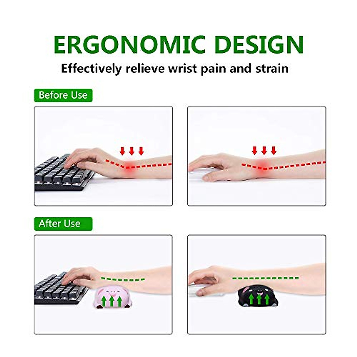 RELIGES Upgrade Ergonomic Wrist Pad (2 Pack) - Mousepad Memory Foam Wrist Support Pillow Rest Cushion Mat for Office Computer Laptop, Mac Durable Comfortable and Pain Relief (Black+Pink)