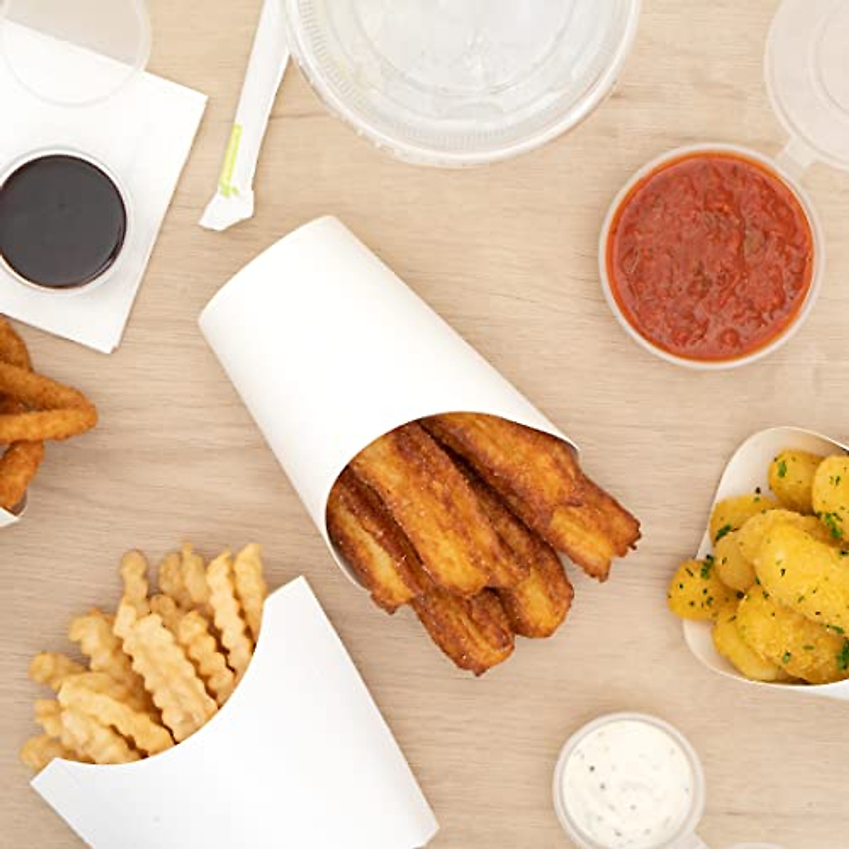 Restaurantware Bio Tek 12 Ounce French Fry Containers, 100 Disposable Charcuterie Cups - Incline Design, Round, White Paper French Fry Cups, Stackable, For Waffles, Chips, or Popcorn