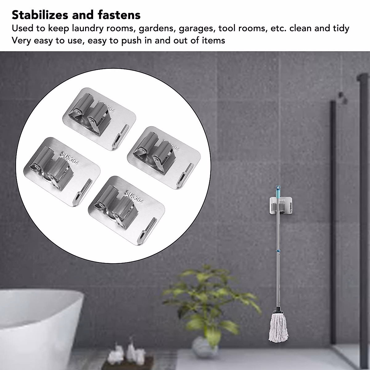 Mumusuki 4Pcs Broom and Mop Holders, Wall Mounted Stainless Steel Garden Tool Organizers with Hooks Multifunctional Mop Hangers for Laundry Rooms, Gardens, Garages