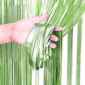 Green Tinsel Foil Fringe Curtains Tropical Jungle Safari Animals Hawaiian Baby Shower Birthday Photo Backdrops Wedding Party Decor Photo Booth Props Backdrops Decorations,2pc
