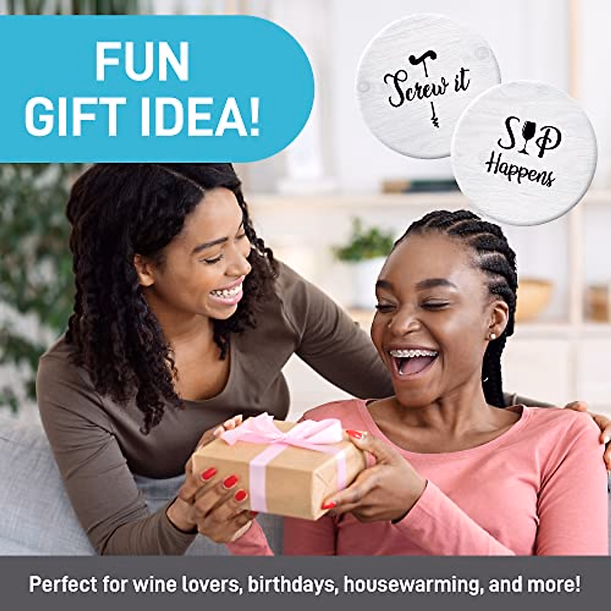 Coasters for Drinks Absorbents with Holder - 6 Pcs Gift Set with 6 Funny Sayings for Wine Lovers - Ceramic Stone with Corked Back, Unique Present for Housewarming, Living Room Decor