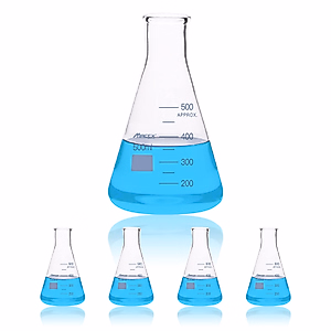 Maccx 16.9oz(500ml) Narrow-Mouth Sturdy Glass Erlenmeyer Flask, 3.3 Borosilicate with Printed Graduation, Pack of 4, EFN500-004