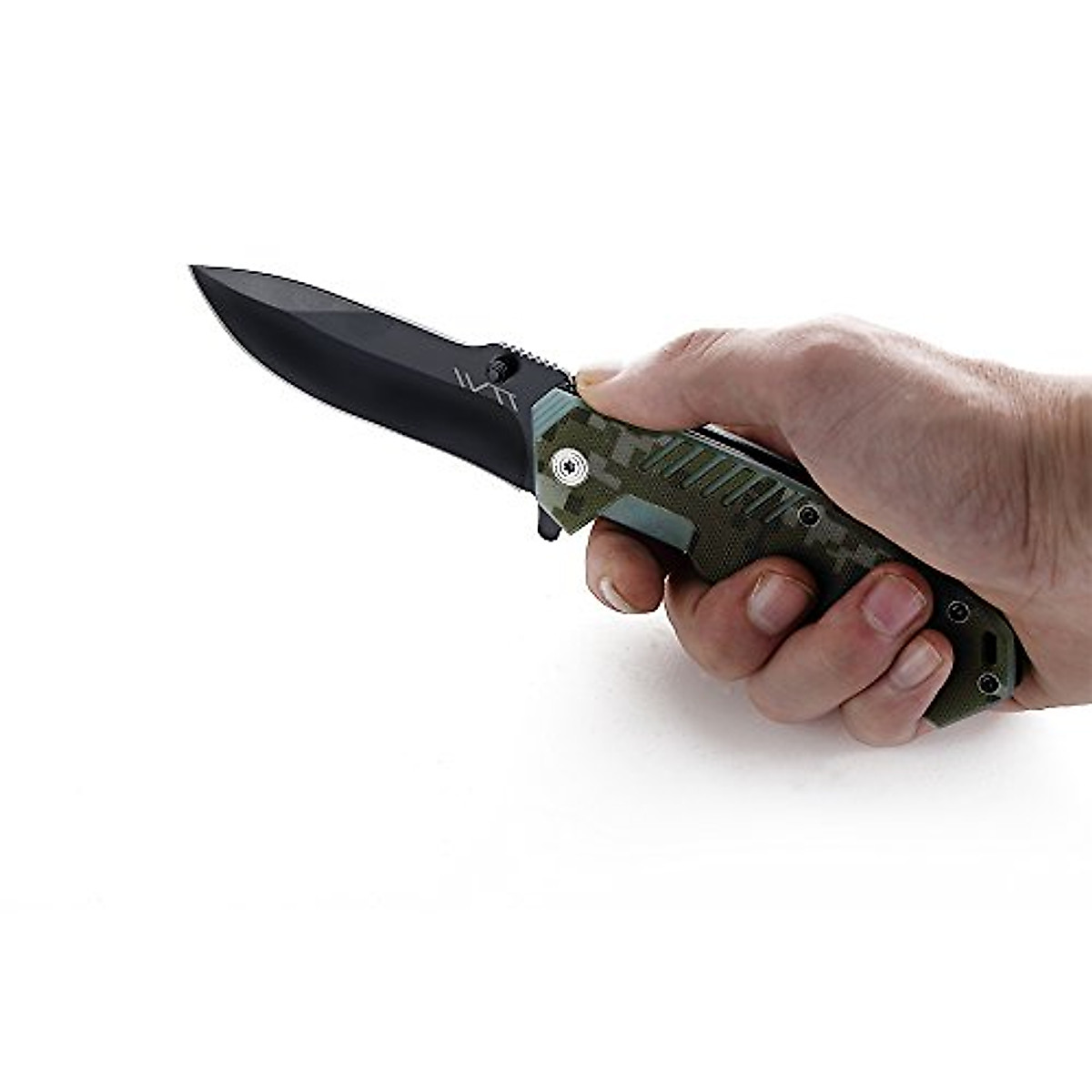 BGT Folding Pocket Knife 3.4 Inch Black Blade and Lightweight G10 Handle Survival Tool Knives Carry Velvet Bag, Sharpener (Camo)