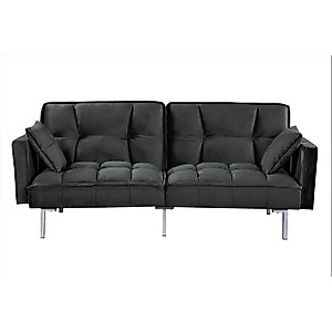 Container Furniture Direct Regal Convertible Sleeper Sofa Bed, Velvet Pull Out Couch with Mid-Century Style, Tufted Design and Metal Legs, Ideal for for Guests and Sleepovers, Black