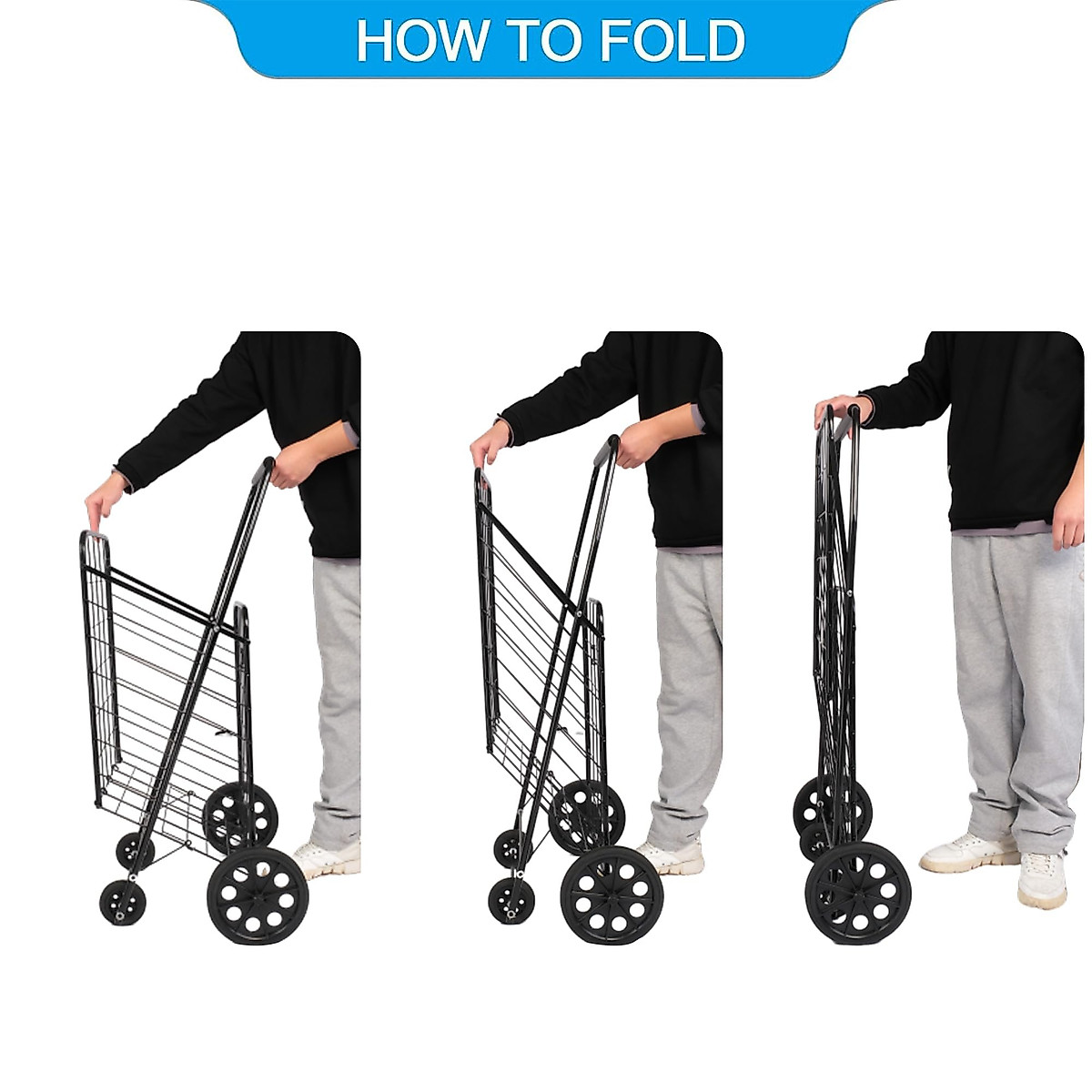 LUCKYERMORE Folding Grocery Shopping Cart with Durable Wheels Collapsible Large Metal Utility Cart for Daily use, Black