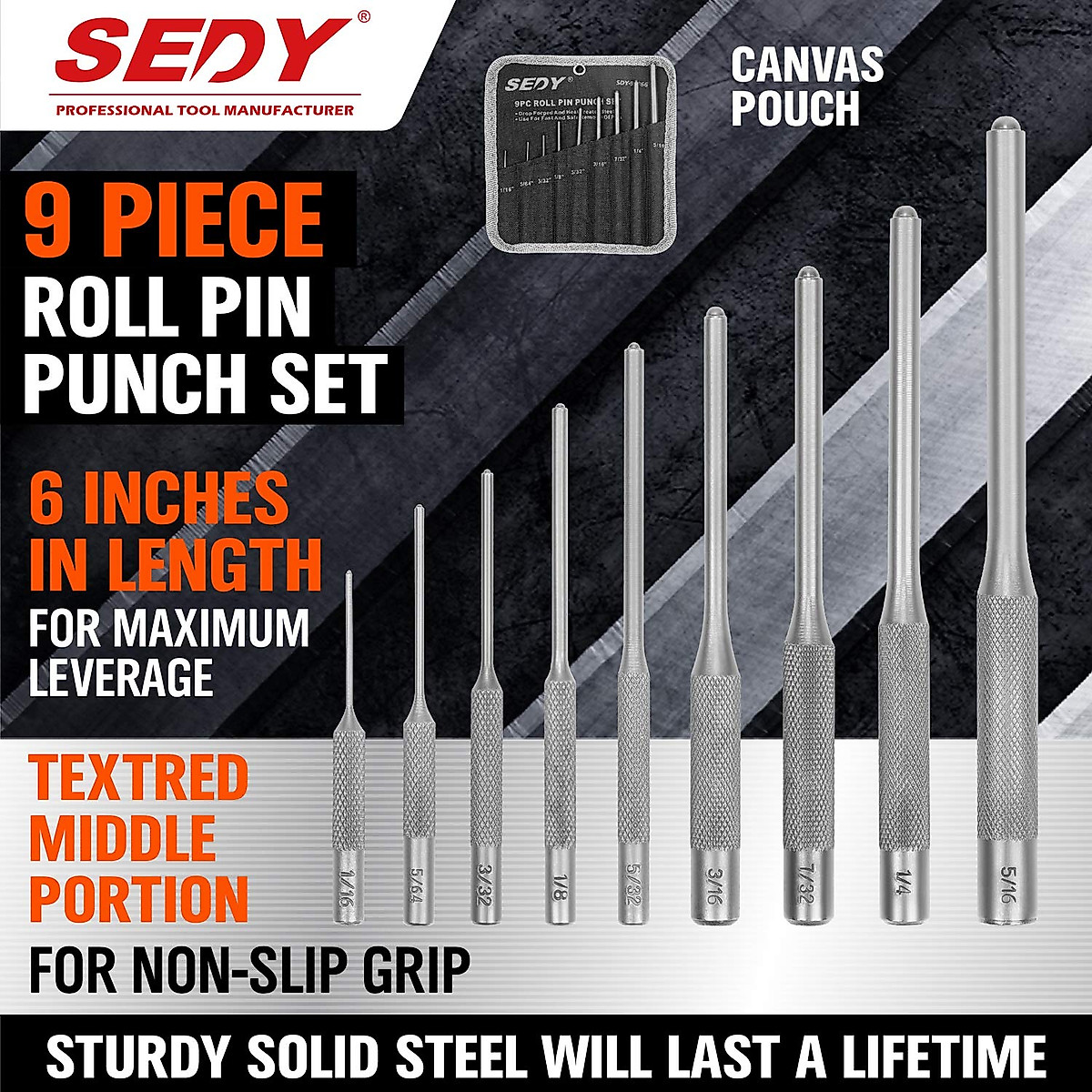 9-Piece Roll Pin Punch Set - Fast Pin Removal - Durable Steel & Construction - For Automotive, Firearm Maintenance, Gunsmithing, Watch, Jewelry & Craft Repair - Knurled Grip - Versatile Sizes