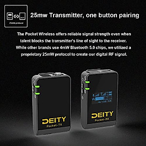 Deity Pocket Wireless Microphone System (Pocket TX + Pocket RX) OLED Display 3.5 mm Audio Input Compatible with DSLR Cameras, camcorders, Android Smartphones, Laptop, PC Black