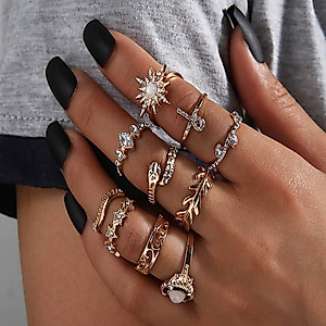 49Pcs Vintage Crystal Knuckle Rings Set Gemstone Boho Stackable Finger Rings Midi Ring for Women Hollow Carved Flowers Gold&Silver Ring Crystal Joint Rings