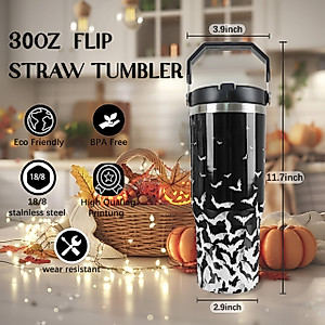 HOWSEESNOW 30oz Halloween Tumbler with Handle and Straw, Bat Insulated Leak Proof Cup, Black Goth Travel Coffee Mug, Reusable Stainless Steel Witch Tumbler, Halloween Gifts for Women