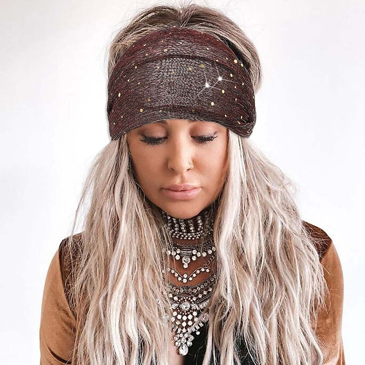 CAKURE Sequin Wide Headband Black Turban Headbands African Glitter Head Wraps Stretchy Bling Hair Wraps Hair Bands Yoga Running Sport Hair Accessories for Women and Girls