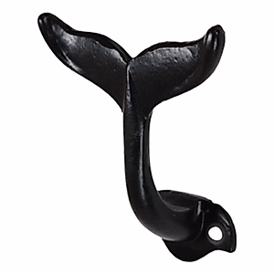 Ebros Set of 2 Cast Iron Rustic Black Coated Finish Nautical Baleen Blue Whale Tail Wall Hook Hangers Coastal Themed Wall Mount Coats Hats Keys Hooks Decor Hanging Fish Whales