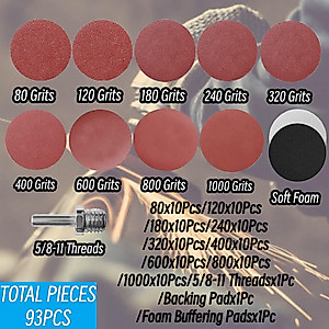 5 inch Sanding Discs Hook and Loop with 90PCS Sandpaper, Soft Foam Buffering Pads, Drill Sanding Attachment, 80/120/180/240/320/400/600/800/1000 Grits Sandpaper for Wood Metal Car Polishing