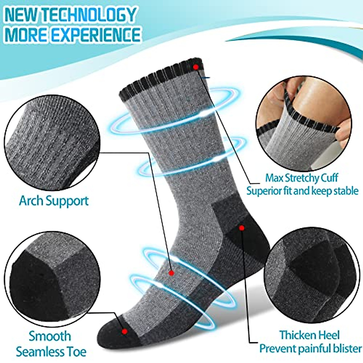 EBMORE Merino Wool Socks for Men Winter Thermal Warm Thick Hiking Boot Heavy Valentines Day Gifts for Him Stocking Stuffers Soft Cozy Socks (Black Gray (4 Pairs))