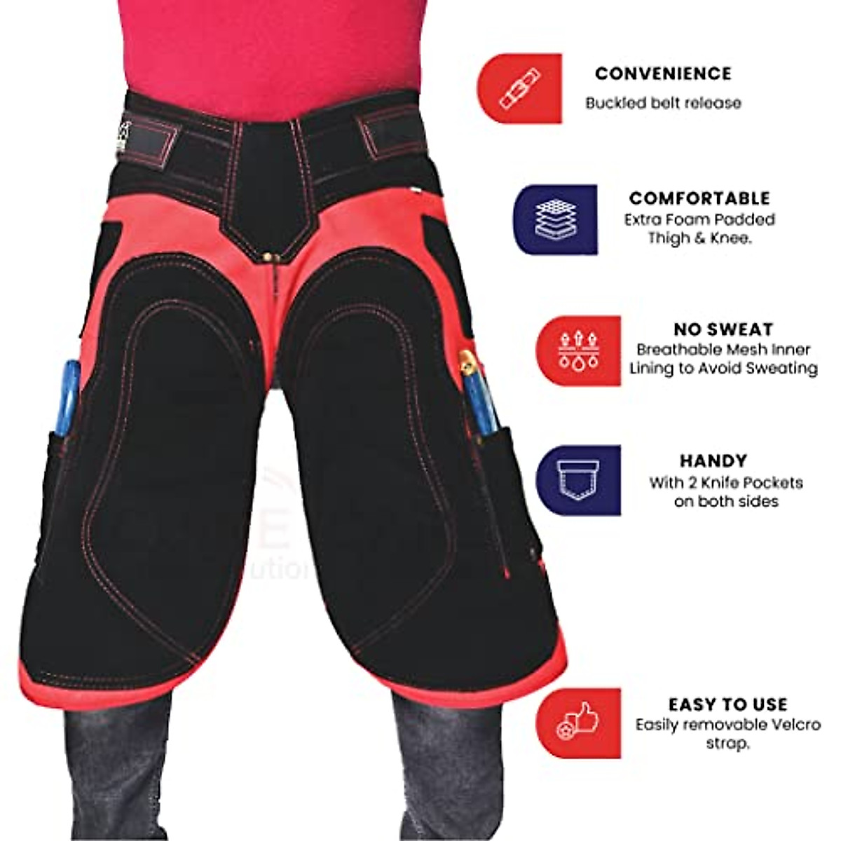 Equine Care Farrier Chaps Back Support - Cowhide Suede Leather and Canvas Apron, 4 Knife Pocket, 2 Nail Magnets, Adjustable Velcro Buckle - 29 inches/75cm