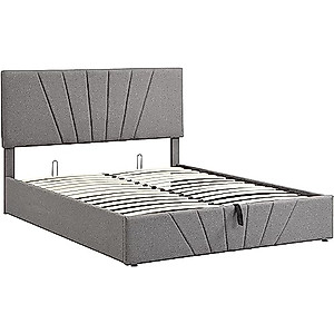 DNYN Queen Size Upholstered Platform Bed with Storage for Kids,Teen,Adults,Study Bedframe w/Wooden Slat Support,No Box Spring Needed & Easy Assembly, Gray
