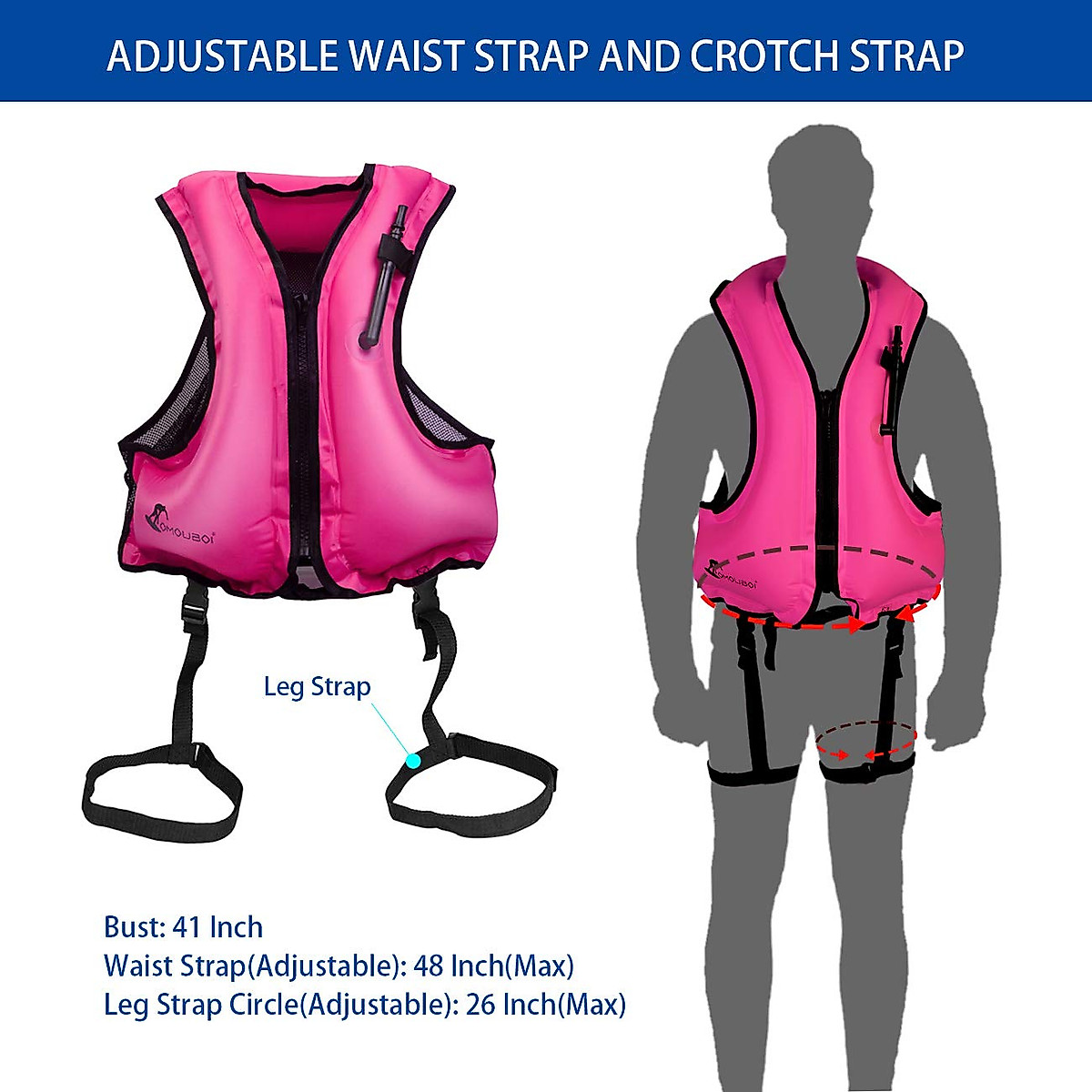 OMOUBOI Inflatable Snorkel Vest for Women Adult Swimming Jacket for Diving Surfing Swimming Outdoor Water Sports Suitable for 90-220lbs (Pink)