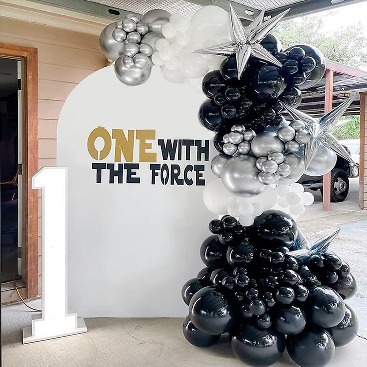 LyzzGlobo Starburst Black and White Balloon Garland Kit, Silver and Confetti Aluminum Film Balloons Arch Kit for Birthday Wedding Anniversary Party Supplies