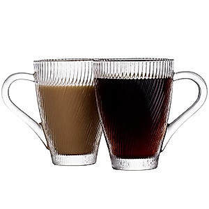 Lysenn Clear Glass Coffee Mugs Set of 2 - Premium Quality Glass Coffee Cups - Unique Twill Design Ribbed Glassware for Cappuccino, Latte, Espresso, Juice, Tea - 10 oz