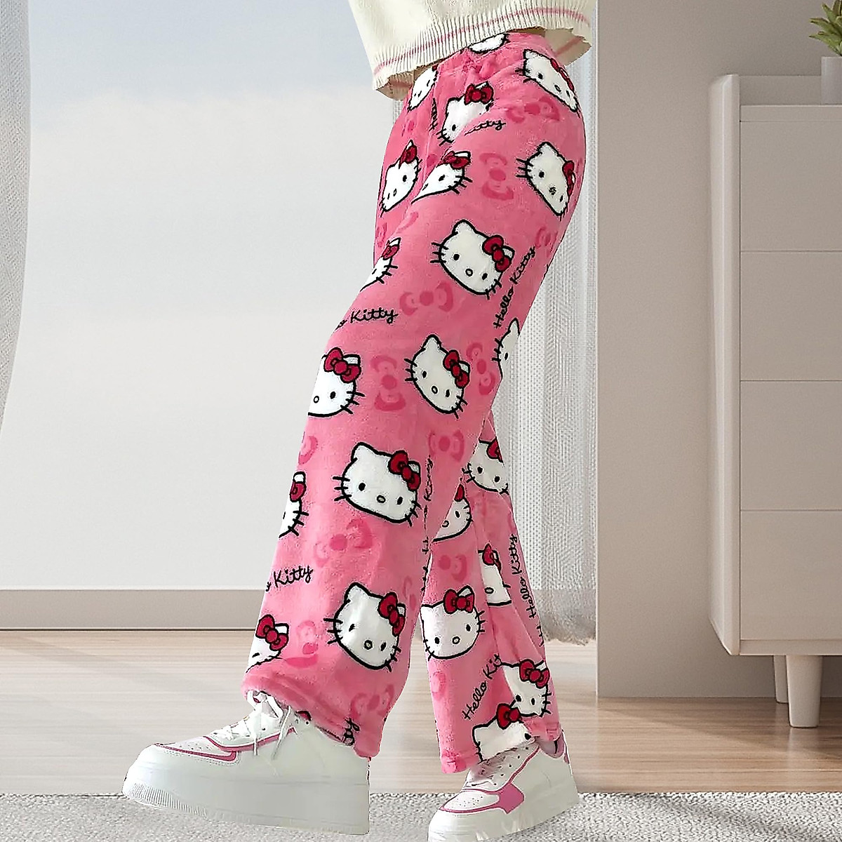 Kawaii Pajamas for Women Girls Cartoon Cat All Over Print Flannel Christmas Halloween Anime Soft Sleep Pajamas Pants,Style-4，L