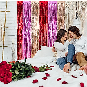 LOLStar 3 Pack Valentine's Day Photo Booth Props Valentines Day Party Decorations 3.3X6.6 ft Red Pink and Champagne Gold Foil Fringe Curtains Backdrop Streamers for Valentine's Day Decor