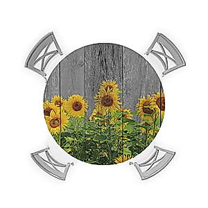 Big buy store Elastic Edged Waterproof Tablecloth Round Sunflower Plant Garden Reusable Wipeable Table Cover Wooden Plank Washable Oil-Proof Fitted Table Cover up up to 55"- 60" Round Tables