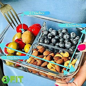 FIT Strong & Healthy 3 Compartment Glass Meal Prep Containers (3 Pack, 32 oz) - Glass Food Storage Containers with Lids, Glass Lunch Box, Glass Bento Box Lunch Containers, Portion Control, Airtight